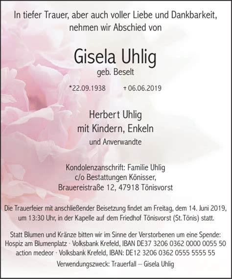 Gisela Uhlig Traueranzeige Westdeutsche Zeitung