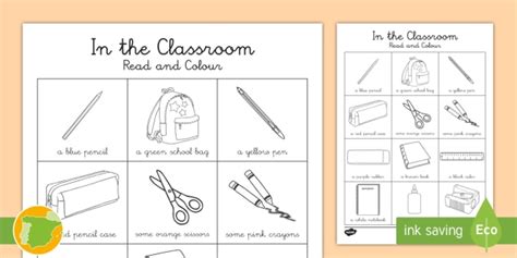 Lee y colorea Objetos de la clase en inglés palabras