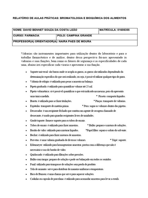 Relatório De Aulas Práticas Bromatologia E Bioquímica Dos Alimentos