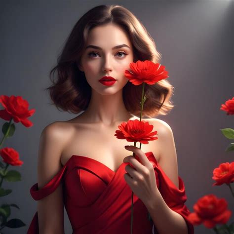 A Woman In A Red Dress Holds A Flower In Her Hand Premium AI