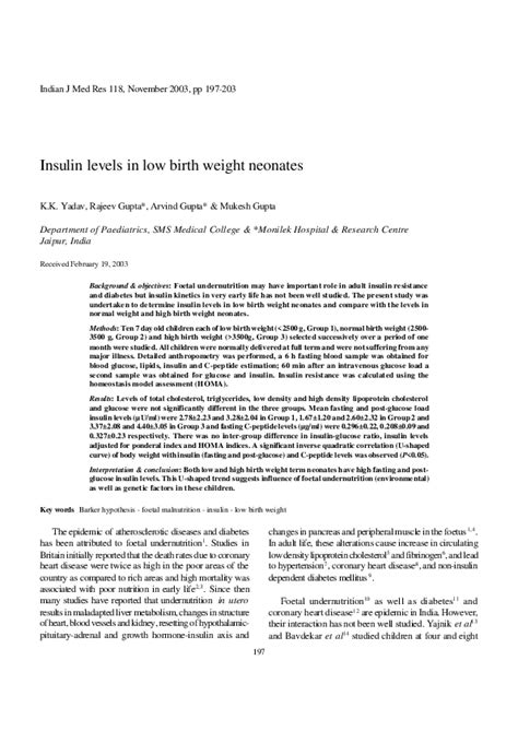 Pdf Insulin Levels In Low Birth Weight Neonates
