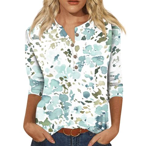 Womens Tops 34 Sleeve Loose Fit Summer Ethnic Floral Slim Going Out