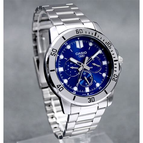 【金台鐘錶】casio 卡西歐 Mtp Vd300d 2e 不鏽鋼錶帶 日期顯示 生活防水 銀x藍 時尚三眼 蝦皮購物