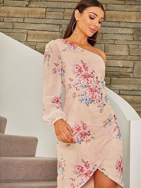 Chi Chi London Long Sleeve One Shoulder Floral Mini Dress Pink Very
