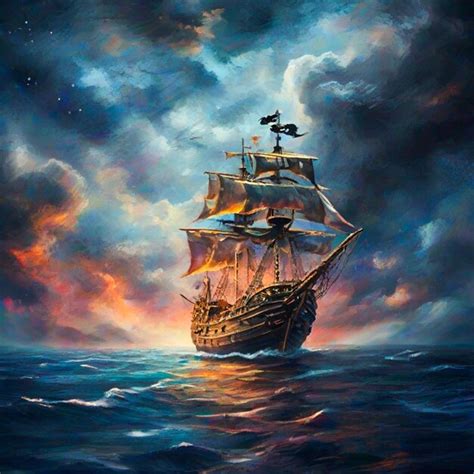 Premium Photo A Pirate Ship Flying Through The Clouds In The Night
