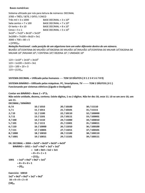 Bases Numéricas Pdf Decimal Notação