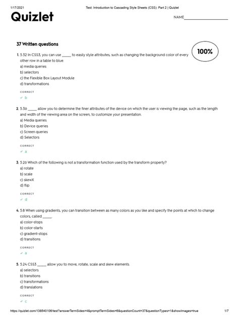 Test Chapter 5 Introduction To Cascading Style Sheets Css Part 2 Quizlet Pdf