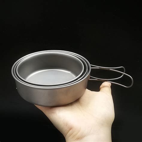Tomshoo 티타늄 그릇 세트 초경량 티타늄 저녁 식사 그릇 팬 3 개 접이식 손잡이 포함 야외 캠핑 하이킹 피크닉용