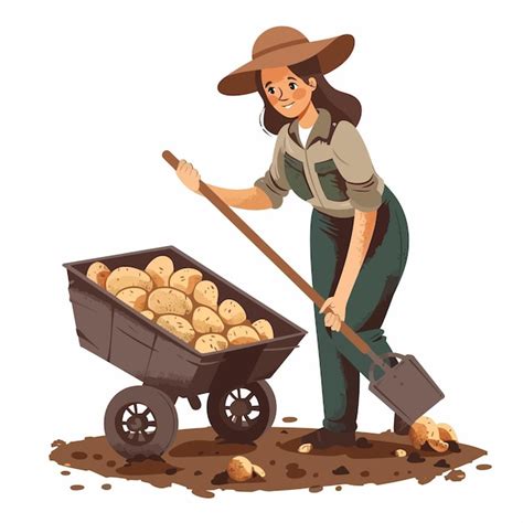 Premium Vector Rural Girl Dig Potatoes With Spaderustic Cart