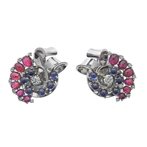 Trabert Hoeffer Mauboussin Retro Gold Ruby Diamond Sapphire Earrings Oak Gem