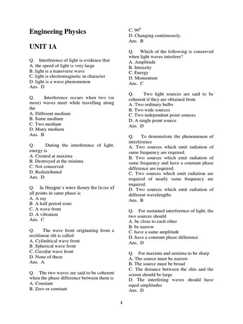 Unit 1 Interference Diffraction And Polarization Mcq Pdf