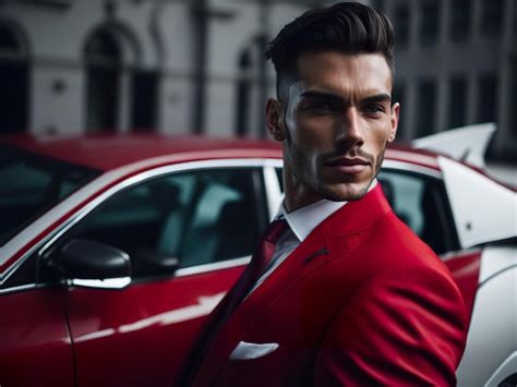Premium AI Image A Man In A Red Suit Stands In Front Of A Red Car