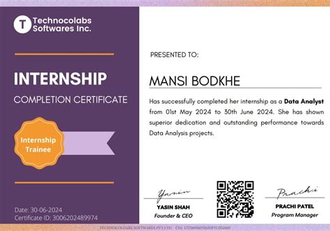 Completed Data Analyst Internship Technocolabs Softwares Mansi Bodkhe