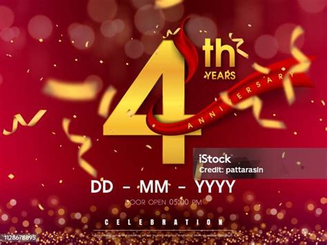 금 배경에 4 년 기념일 로고 템플릿입니다 레드 리본으로 4 축 하 하는 황금 번호 벡터 및 색종이 절연 디자인 요소 4세기에 대한 스톡 벡터 아트 및 기타 이미지 Istock