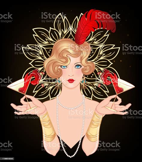 플래퍼 소녀의 그림과 아르 데코 빈티지 초대 템플릿 디자인 패턴과 프레임을 복고풍 파티 배경 세트 벡터 1920 1929 년에