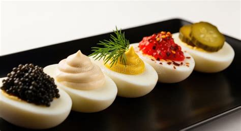 Assorted Deviled Eggs With Caviar And Pickles On Black Plate Stock