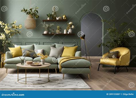 Cozy Sage Leaf Colour Living Room Armchair With Green And Yellow