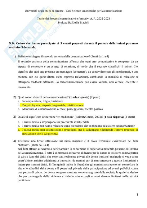 Prova Completa Parziale Corso Teorie Dei Processi Comunicativi E Formativi