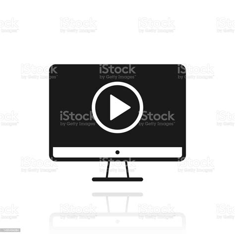 재생 버튼이 있는 데스크톱 컴퓨터 흰색 배경에 반사된 아이콘 가리키기에 대한 스톡 벡터 아트 및 기타 이미지 가리키기 개념