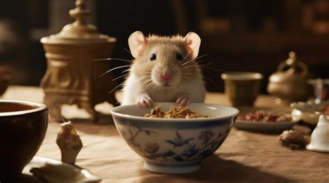 Premium Ai Image Fluffy Rodent Sniffs Gourmet Meal In Ceramic Bowl On