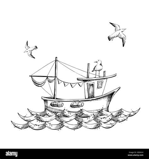 Sailing Boat On The Waves With Sea Gulls Isolated Composition On A