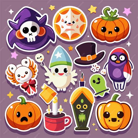 Cute Halloween Stickers With Pumpkins Ghosts A Skull A Witch Hat And