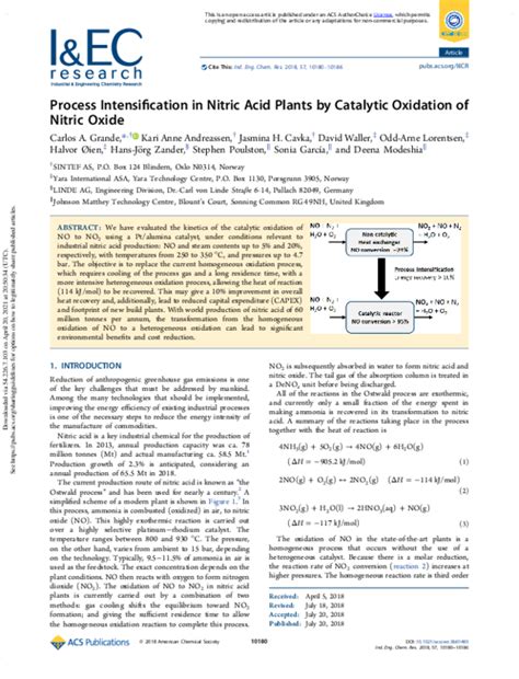 Pdf Process Intensification In Nitric Acid Plants By Catalytic Oxidation Of Nitric Oxide