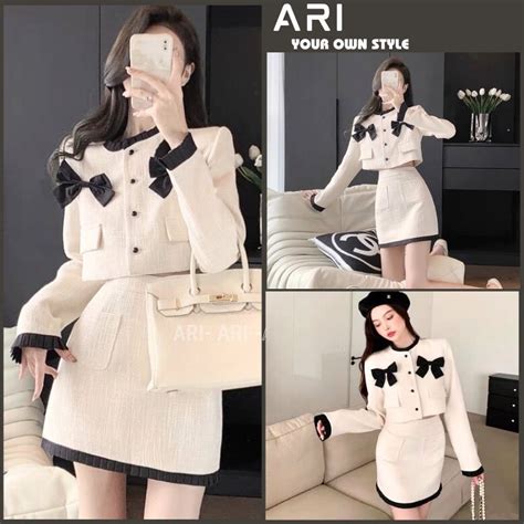 Set Dạ Tiểu Thư Gắn Nơ Phối Viền Chất Dạ Tweed Mềm Set Váy Nữ Sang