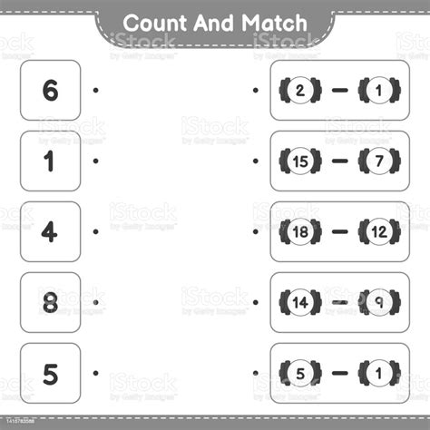 카운트와 매치 덤벨의 수를 계산하고 올바른 숫자와 일치시킵니다 교육 어린이 게임 인쇄 가능한 워크 시트 벡터 일러스트 레이 션 0명에 대한 스톡 벡터 아트 및 기타 이미지