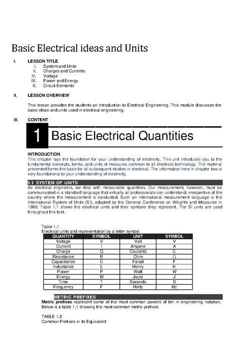 Basic Electrical Ideas And Units Lesson Title I System And Units Ii