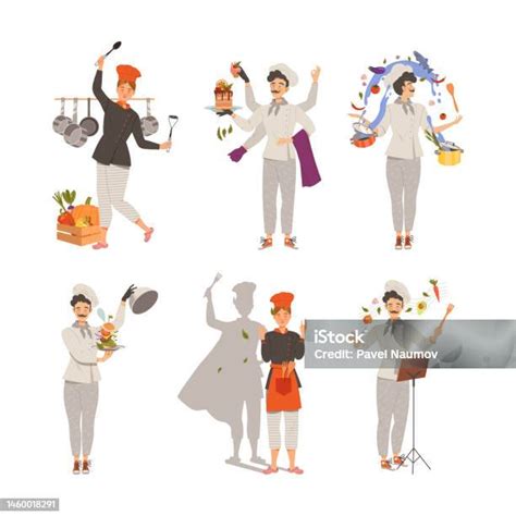 요리사 마스터 세트 고급 요리의 요리를 요리하는 슈퍼 요리사 전문 유니폼 만화 벡터 일러스트 레이 션에서 멀티태스킹 주방 요리사