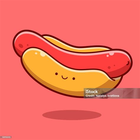 가와이핫도그 일러스트 귀여운 행복 미소 핫도그 벡터 플랫 만화 캐릭터 일러스트레이션 패스트 푸드 개념 핫도그에 대한 스톡 벡터