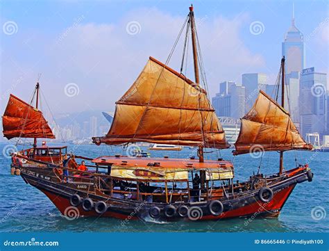 The Chinese Junk Boat At Victoria Harbor Hong Kong Editorial Photo