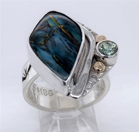 Fossil Opal Wood And Sapphire Silver Gold Ring Marilyn Greenwood Designs
