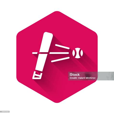 긴 그림자 배경으로 고립 된 볼 아이콘흰색 야구 방망이 핑크 육각형 버튼 벡터 가죽에 대한 스톡 벡터 아트 및 기타 이미지