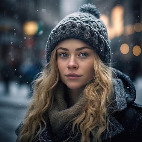 Premium Ai Image A Woman Wearing A Hat And A Scarf Stands In The Snow