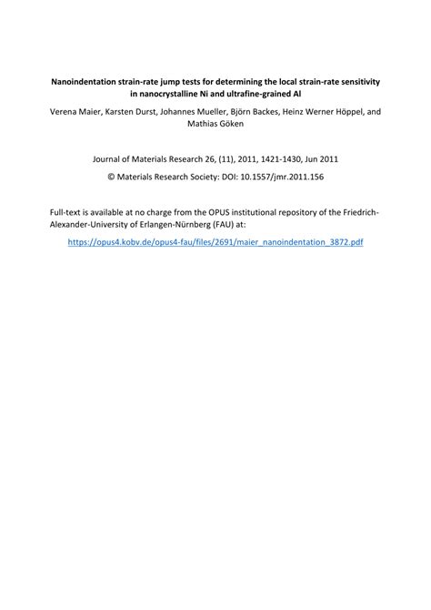 Pdf Nanoindentation Strain Rate Jump Tests For Determining The Local