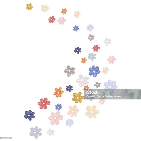 여러 가지 빛깔의 꽃이 추상적인 물결의 형태로 흰색 배경에 날아갑니다 격리 수채화 그림입니다 포장 엽서 명함 로고 및 기타 물건에 적합한 디자인 개화기에 대한 스톡 벡터