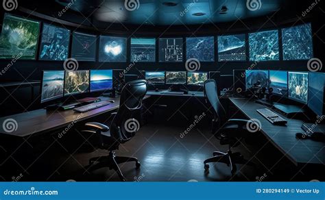 A Dark Room With A Row Of Monitors And A Large Screen Generative Ai Stock Illustration