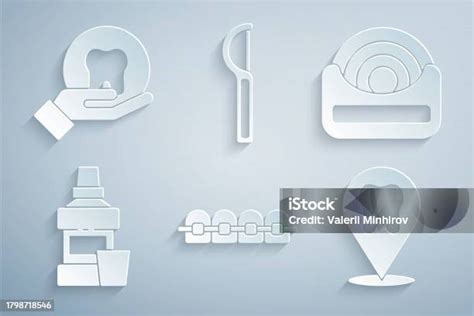 교정기가 있는 치아 치실 구강 세정제 병 클리닉 위치 및 치아 아이콘을 설정합니다 벡터 3차원 형태에 대한 스톡 벡터 아트 및 기타 이미지 Istock