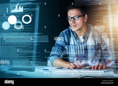 Male It Computer Worker Working On A Future Hologram Cgi Screen At His