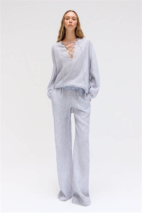 CalÇa ElÁstico CÓs Linho Listras Finas Azul Escuro Tig Store