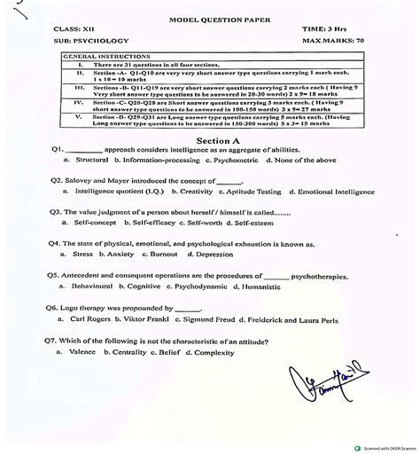 Jkbose 12th Class Model Paper 2025 Psychology