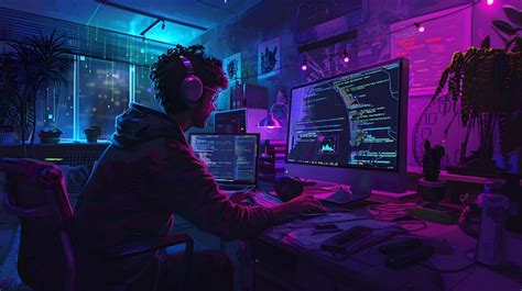 Premium Photo Cyberpunk Style Programmer Working Late At Night