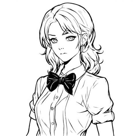 Descarga Dibujo De Chica Anime En Blanco Y Negro Con Corbata Y Camisa