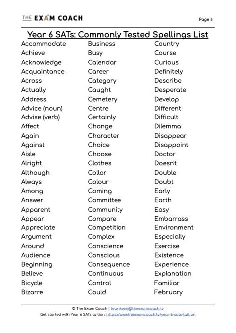 Year 6 Sats Tricky Spellings List 2024 2025 The Exam Coach
