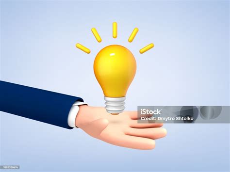 3d 만화 손은 파란색 배경에 고립 된 전구를 들고 있습니다 생각 좋은 아이디어 및 사업 성공 창조적 인 개념 벡터 일러스트