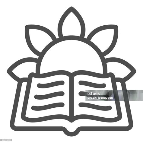 책 라인 아이콘과 빛나는 태양 어린이 책 휴가 개념 벡터 그래픽 흰색 배경에 열린 교과서 기호 모바일 또는 웹 디자인용 개요 스타일 아이콘 0명에 대한 스톡 벡터 아트 및