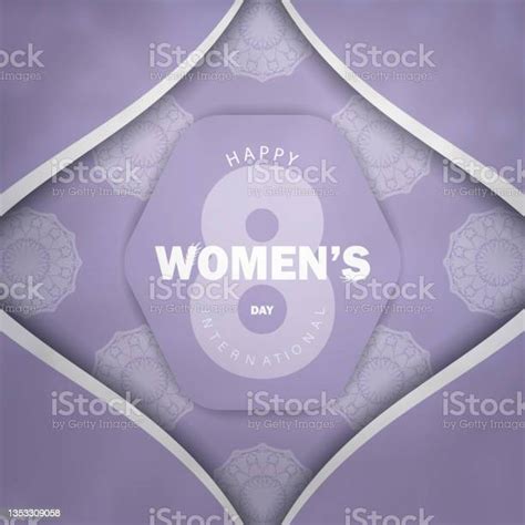 홀리데이 브로셔 8 행진 국제 여성의 날 보라색 색상과 겨울 흰색 패턴 International Womens Day에 대한 스톡