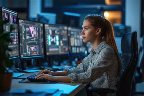 Premium Photo A Girl In A Computer Lab With A Computer Screen Showing A Computer Screen With